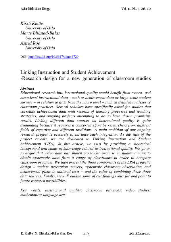 (PDF) Linking Instruction and Student Achievement. A research design ...