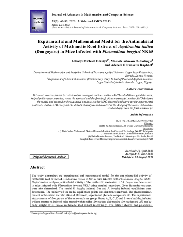 (PDF) Experimental and Mathematical Model for the Antimalarial Activity ...