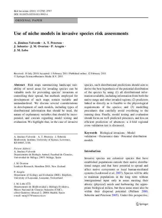 (PDF) Use of niche models in invasive species risk assessments