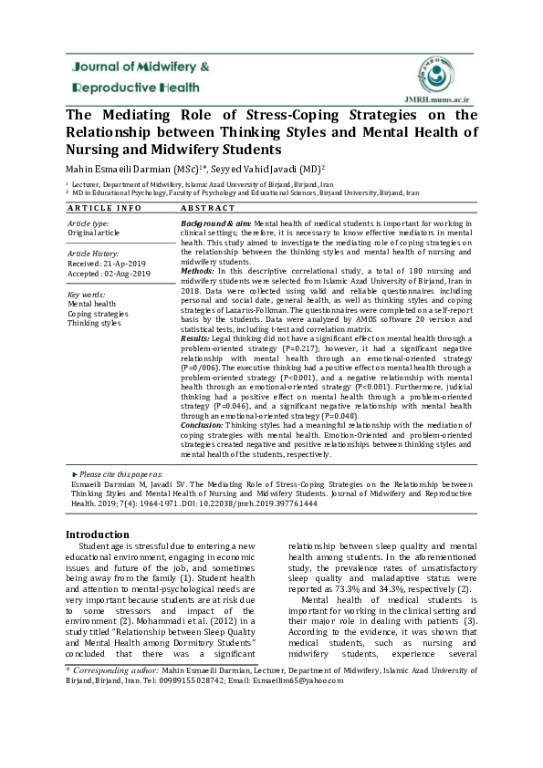 (PDF) The Mediating Role of Stress-Coping Strategies on the Relationship between Thinking Styles ...