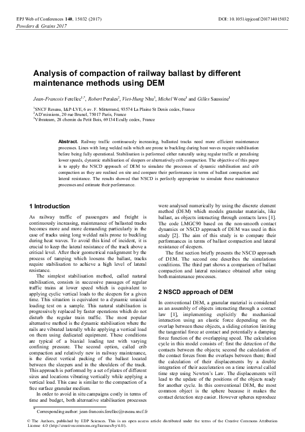 (PDF) Analysis of compaction of railway ballast by different maintenance methods using DEM