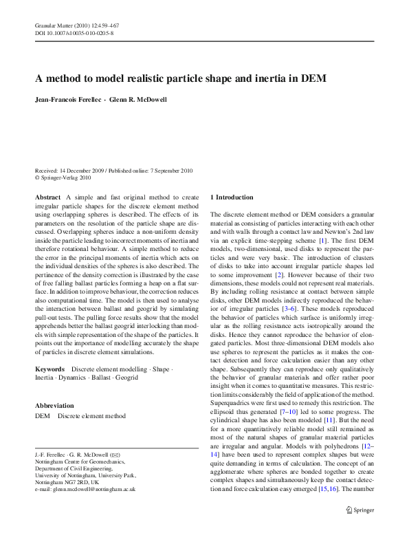 (PDF) A method to model realistic particle shape and inertia in DEM