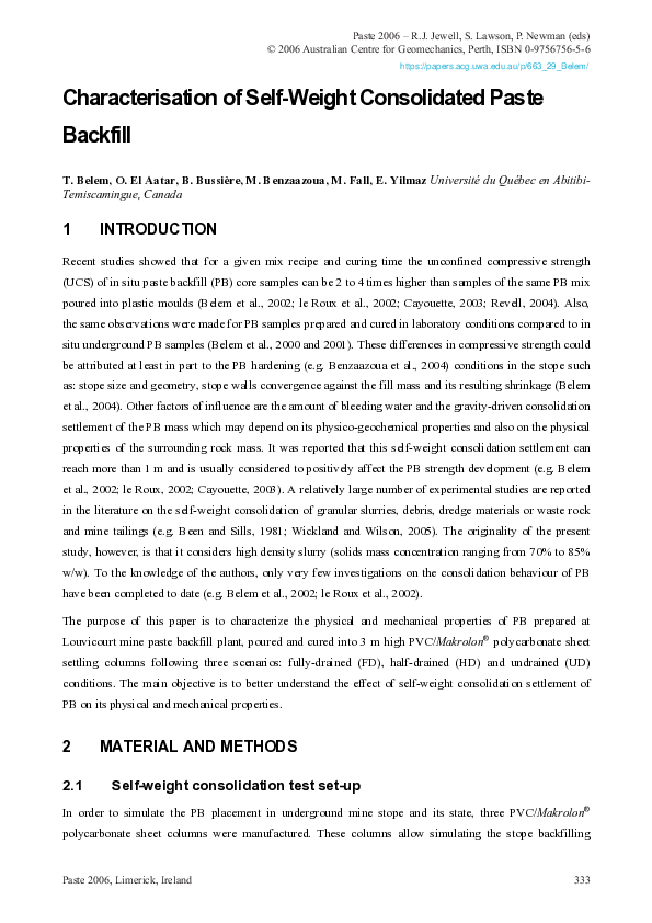 (PDF) Characterisation of Self-Weight Consolidated Paste Backfill