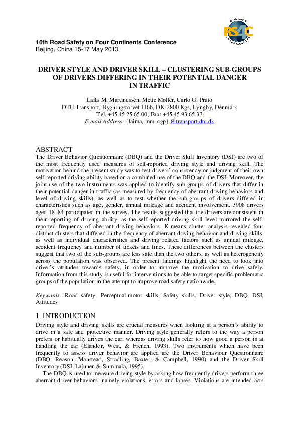 (PDF) Driver Style and Driver Skill - Clustering Sub-Groups of Drivers Differing in Their ...