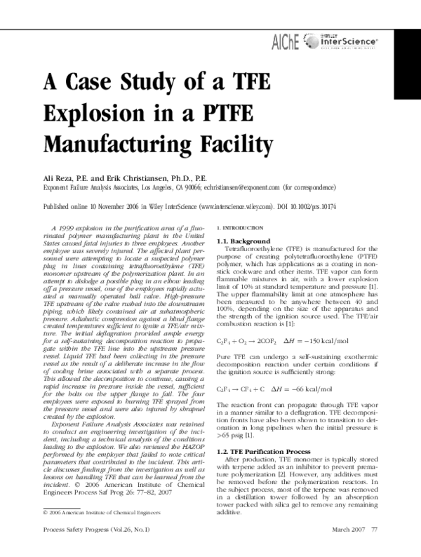 (PDF) A case study of a TFE explosion in a PTFE manufacturing facility | Md Ali Reza - Academia.edu