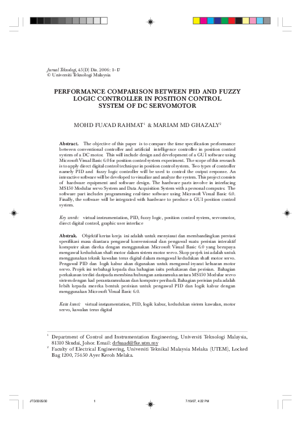 Pdf Performance Comparison Between Pid And Fuzzy Logic Controller In Position Control System