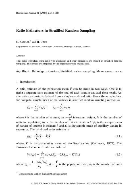 Pdf Ratio Estimators In Stratified Random Sampling 