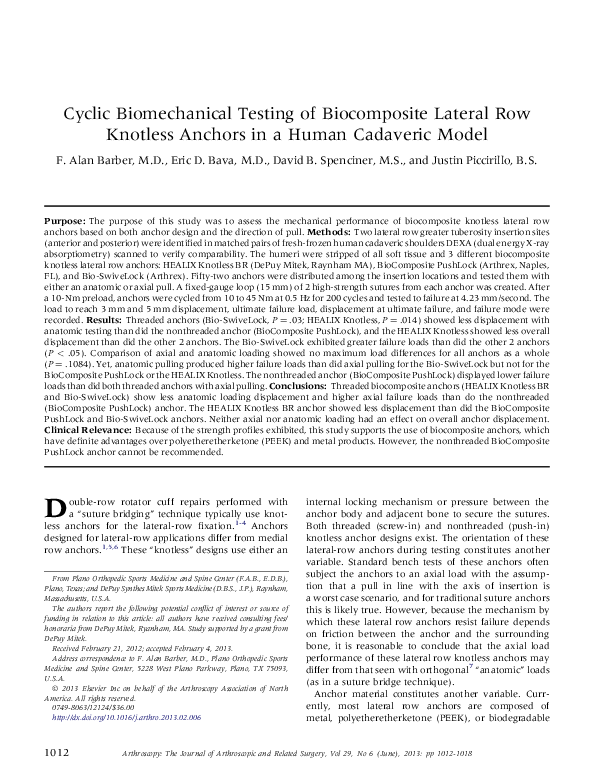 (PDF) Cyclic Biomechanical Testing of Biocomposite Lateral Row Knotless ...