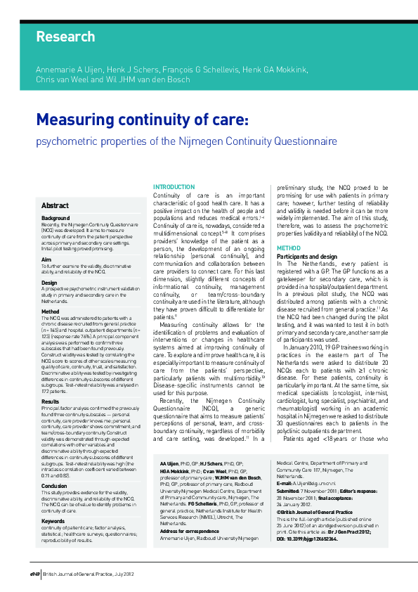 (PDF) Measuring continuity of care: psychometric properties of the ...