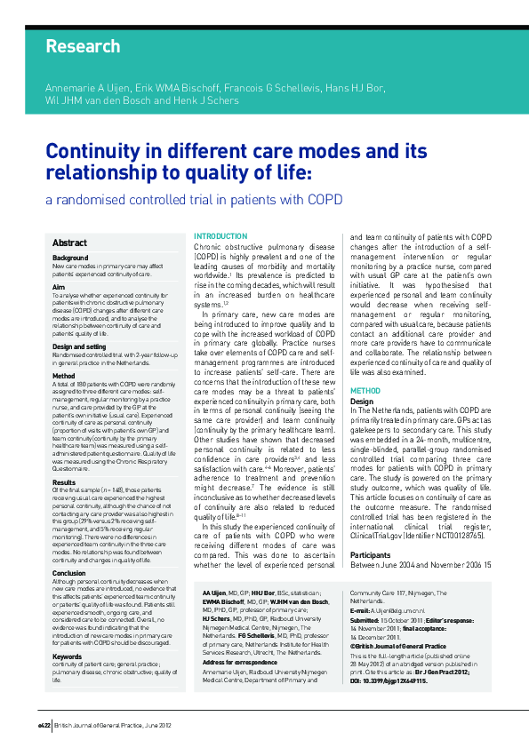 (PDF) Continuity in different care modes and its relationship to quality of life: a randomised ...