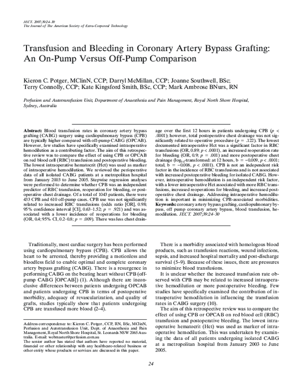 (PDF) Transfusion and bleeding in coronary artery bypass grafting: an ...