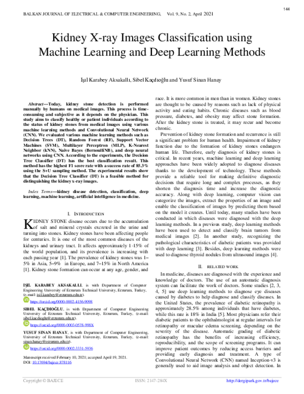 (PDF) Kidney X-ray Images Classification using Machine Learning and Deep Learning Methods