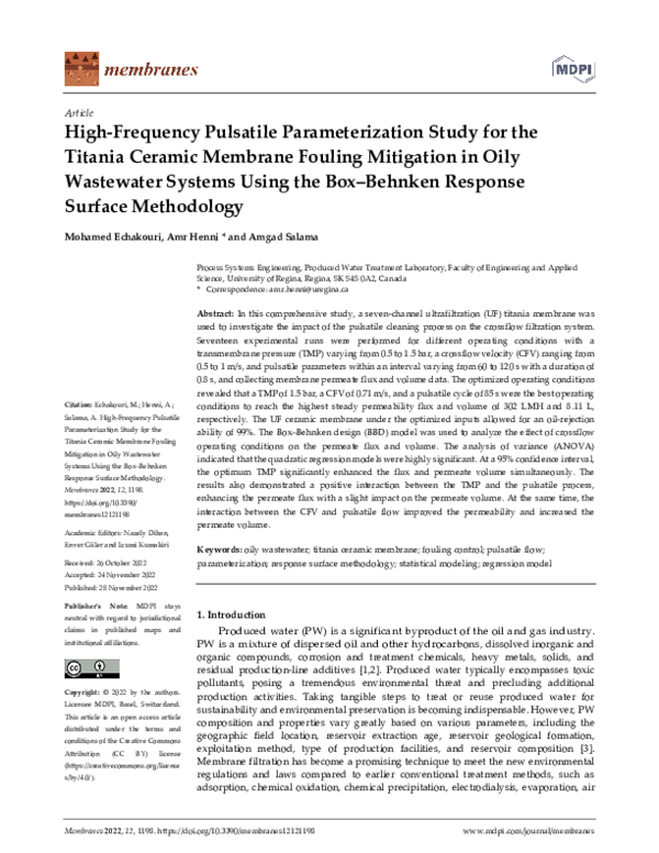 (PDF) High-Frequency Pulsatile Parameterization Study for the Titania Ceramic Membrane Fouling ...