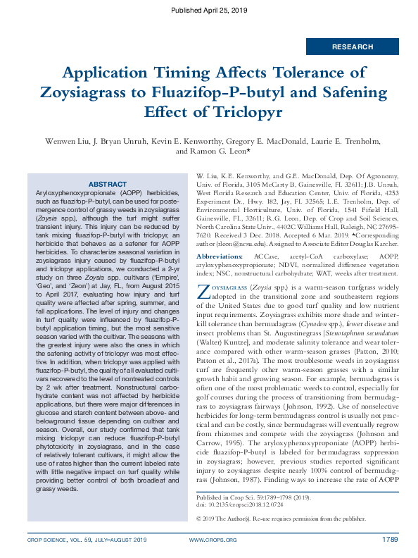 (PDF) Application Timing Affects Tolerance of Zoysiagrass to Fluazifop‐P‐butyl and Safening ...