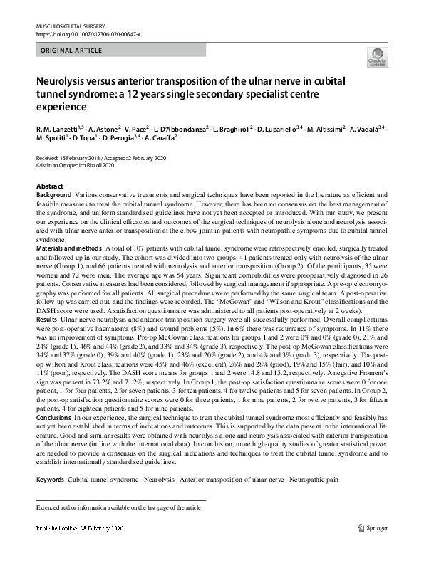 (PDF) Neurolysis versus anterior transposition of the ulnar nerve in ...