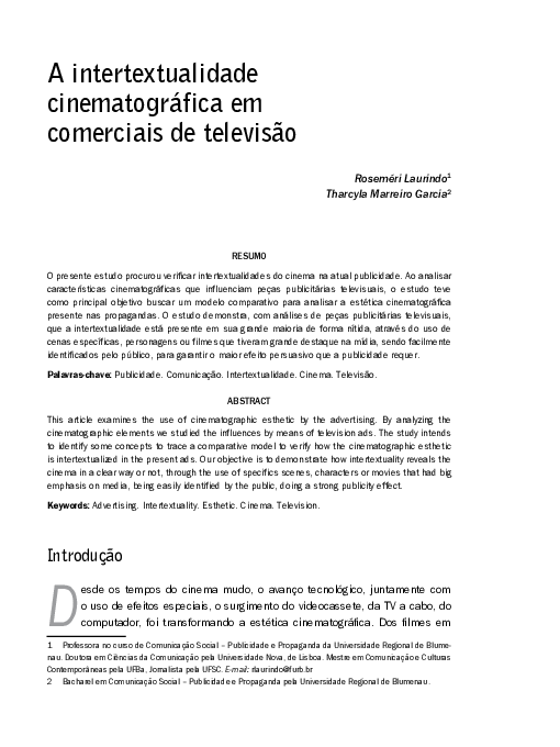 (PDF) A intertextualidade cinematográfica em comerciais de televisão