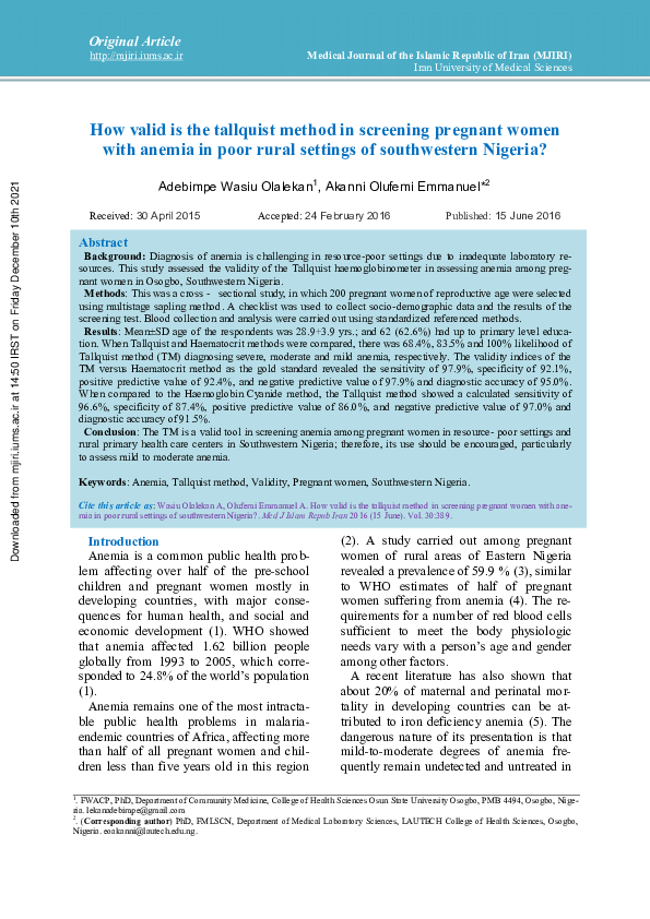 (PDF) How valid is the tallquist method in screening pregnant women ...
