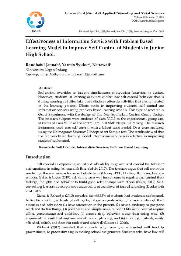 (PDF) Effectiveness of Information Service with Problem Based Learning Model to Improve Self ...