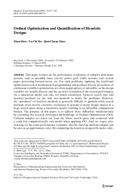 (PDF) Ordinal Optimization and Quantification of Heuristic Designs (PDF) Ordinal Optimization and Quantification of Heuristic Designs