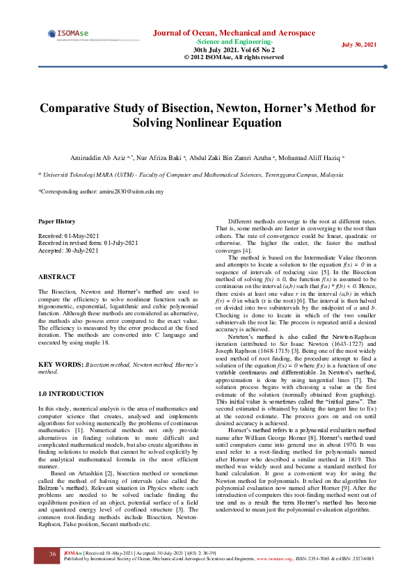 (PDF) Comparative Study of Bisection, Newton, Horner’s Method for Solving Nonlinear Equation