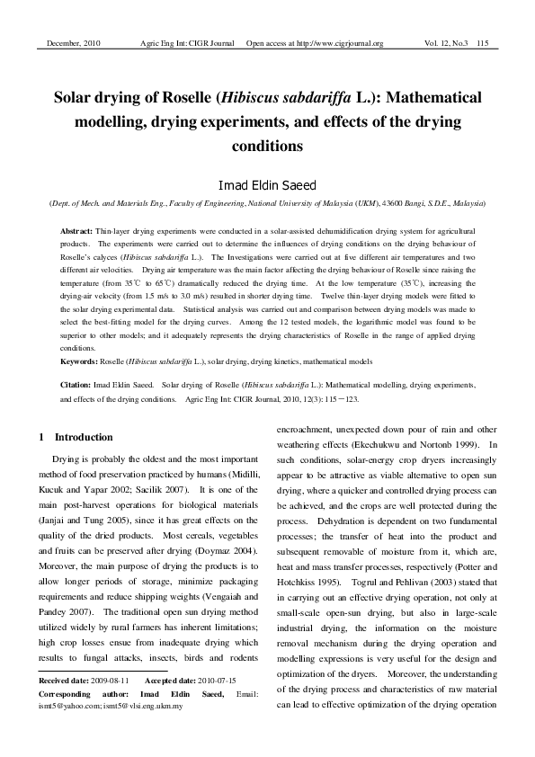 (PDF) Solar drying of Roselle (Hibiscus sabdariffa L.): Mathematical modelling, drying ...