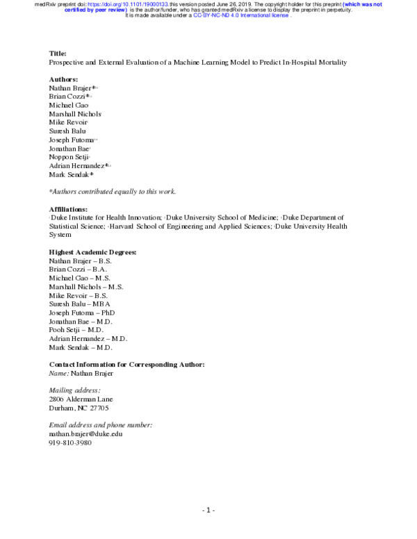 (PDF) Prospective and External Evaluation of a Machine Learning Model ...
