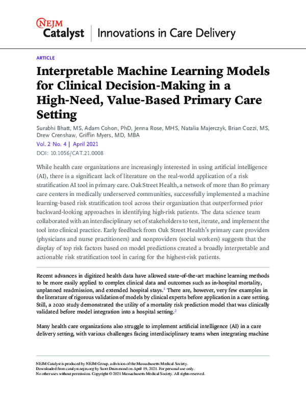 Pdf Interpretable Machine Learning Models For Clinical Decision Making In A High Need Value