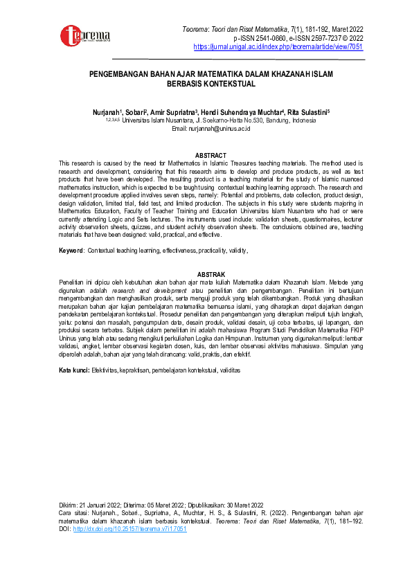 (PDF) Pengembangan Bahan Ajar Matematika Dalam Khazanah Islam Berbasis Kontekstual