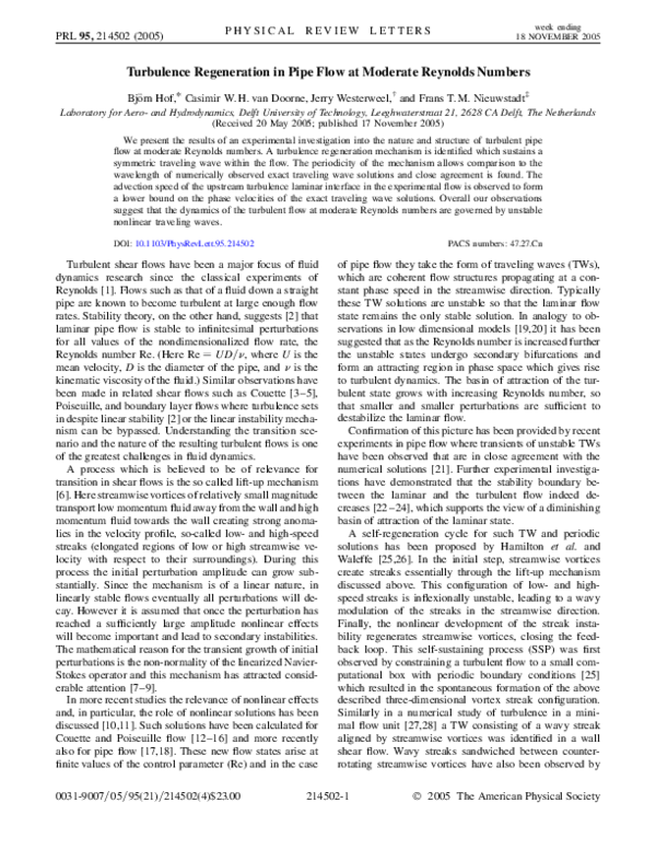(PDF) Turbulence Regeneration in Pipe Flow at Moderate Reynolds Numbers