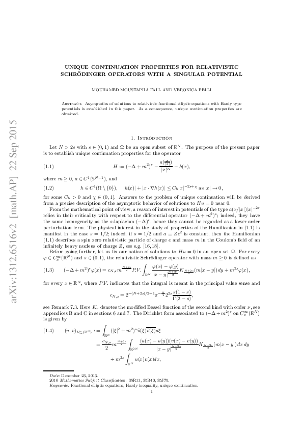 (PDF) Unique continuation properties for relativistic Schrödinger ...