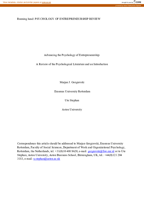 (PDF) Advancing the psychology of entrepreneurship:a review of the psychological literature and ...