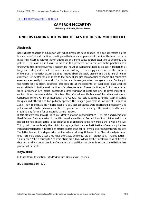 (PDF) Understanding the Work of Aesthetics in Modern Life