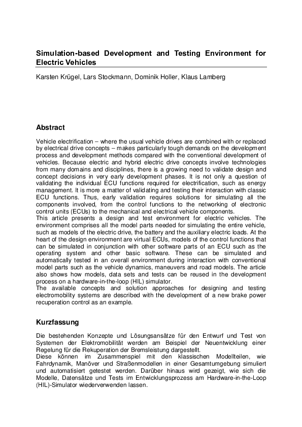 Pdf Simulation Based Development And Testing Environment For Electric Vehicles