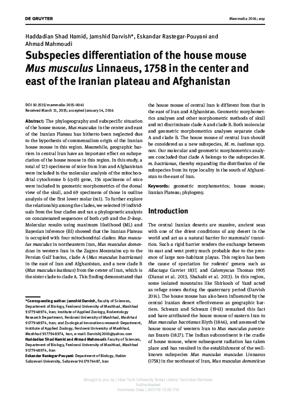 (PDF) Subspecies differentiation of the house mouse Mus musculus ...