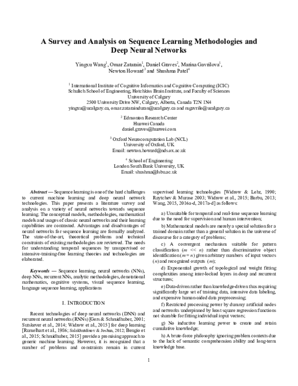 Pdf A Survey And Analysis On Sequence Learning Methodologies And Deep Neural Networks