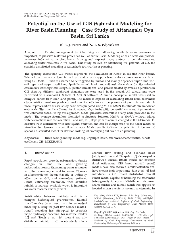 (PDF) Potential on the Use of GIS Watershed Modeling for River Basin Planning - Case Study of ...