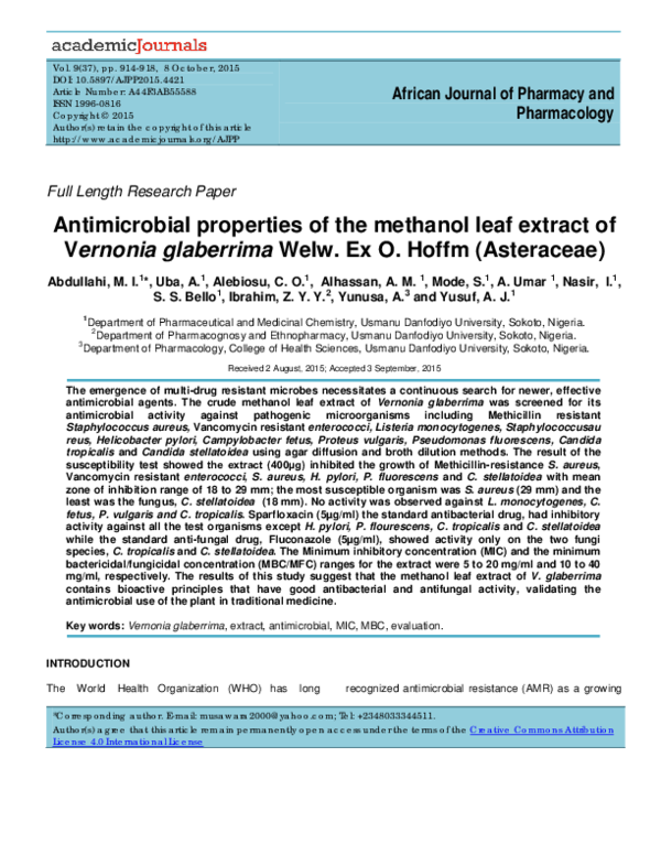 (PDF) Antimicrobial properties of the methanol leaf extract of Vernonia glaberrima Welw. Ex O ...