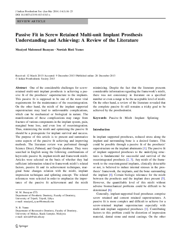 (PDF) Passive Fit in Screw Retained Multi-unit Implant Prosthesis ...