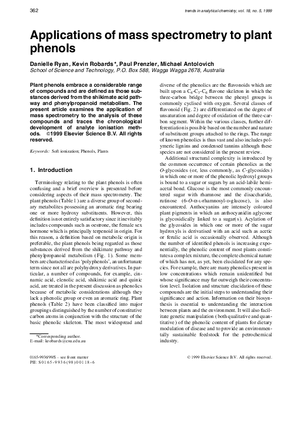 Pdf Applications Of Mass Spectrometry To Plant Phenols