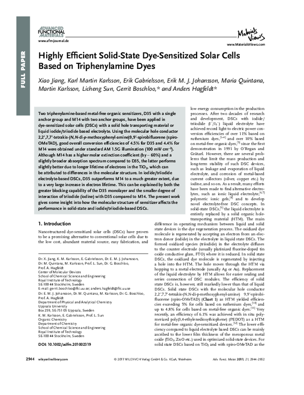 (PDF) Highly Efficient Solid-State Dye-Sensitized Solar Cells Based on Triphenylamine Dyes
