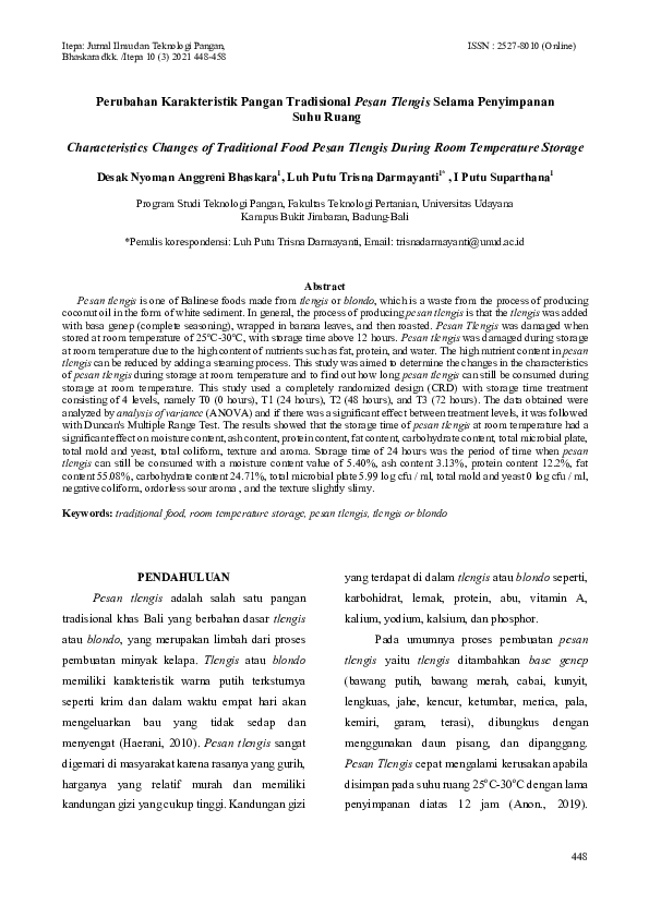 (PDF) Perubahan Karakteristik Pangan Tradisional Pesan Tlengis Selama Penyimpanan Suhu Ruang