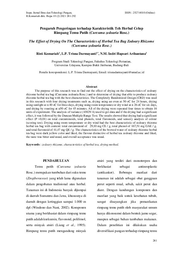 (PDF) Pengaruh Pengeringan terhadap Karakteristik Teh Herbal Celup ...