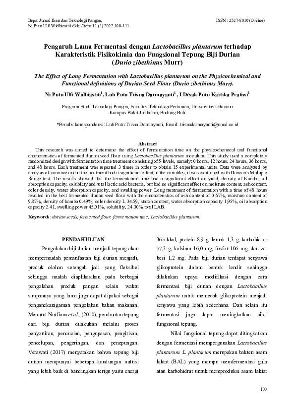 (PDF) Pengaruh Lama Fermentasi dengan Lactobacillus plantarum terhadap Karakteristik Fisikokimia ...