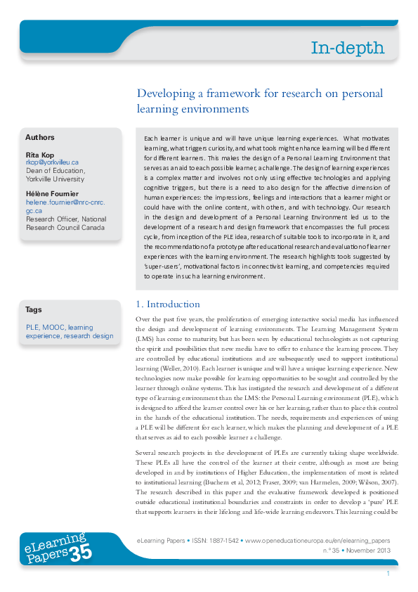 (PDF) Developing a framework for research on personal learning environments