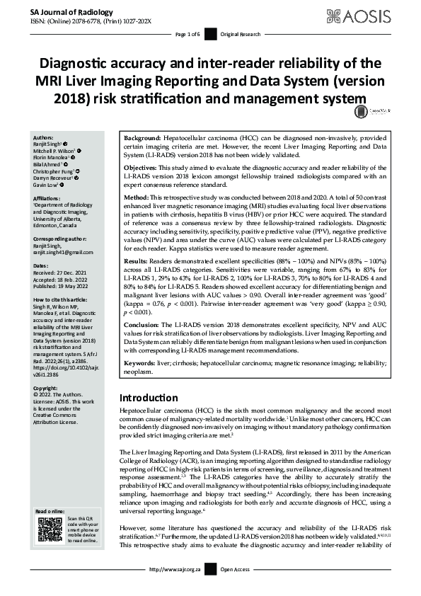 (PDF) Diagnostic accuracy and inter-reader reliability of the MRI Liver ...