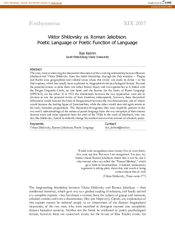 (PDF) Viktor Shklovsky vs. Roman Jakobson. Poetic Language or Poetic ...