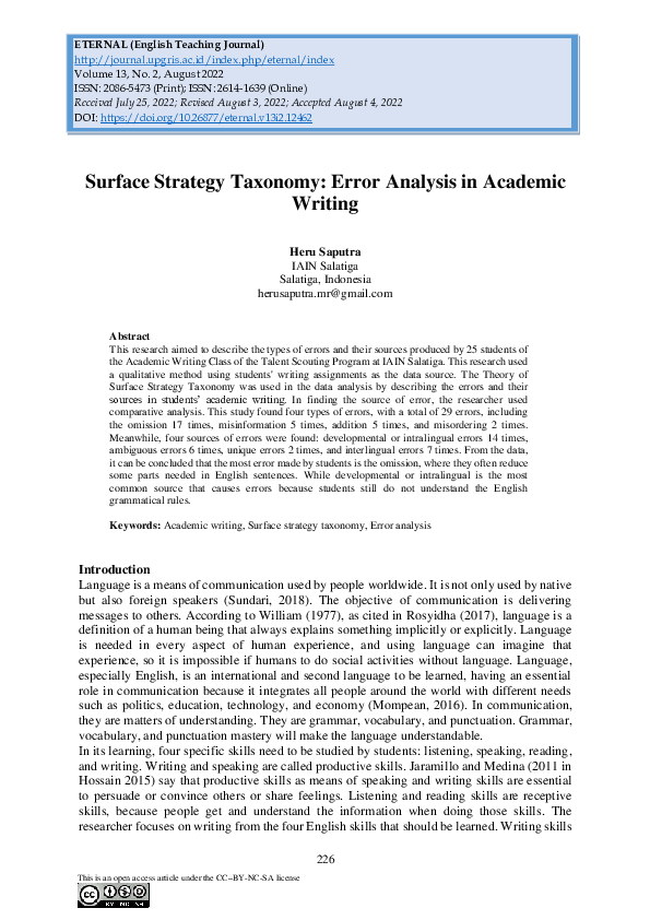 (PDF) Surface Strategy Taxonomy: Error Analysis in Academic Writing