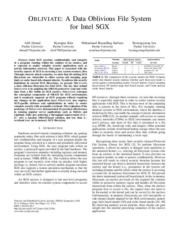 (PDF) OBLIVIATE: A Data Oblivious Filesystem for Intel SGX