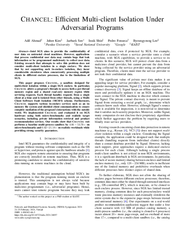 (PDF) CHANCEL: Efficient Multi-client Isolation Under Adversarial Programs