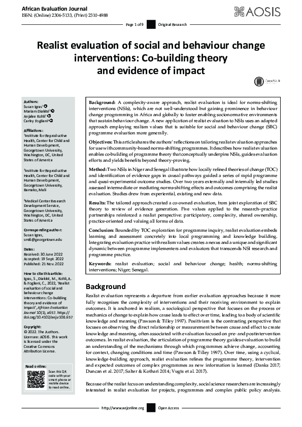 (PDF) Realist evaluation of social and behaviour change interventions: Co-building theory and ...